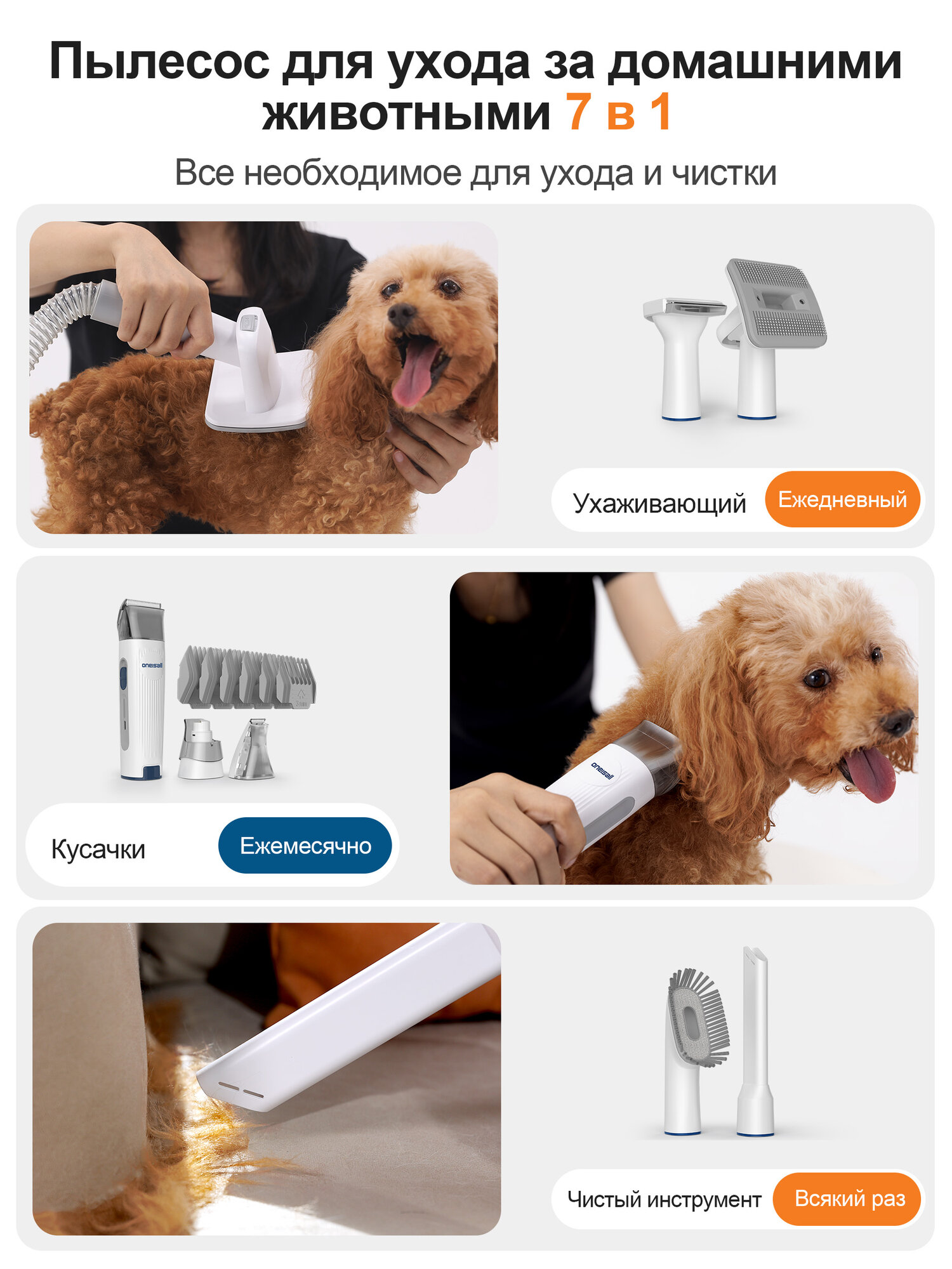 ONEISALL Фен компрессор турбо сушка для сушки животных: кошек, собак и других с механическим управлением, 7 насадками.