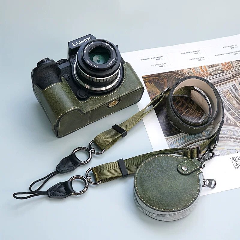 Защитный чехол для камеры Panasonic S5/S5M2 с текстурой личи, зеленый, включая ремешок V303, маленький мешок и защитное