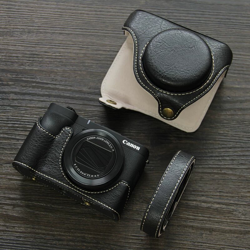 Кожаный чехол для Canon PowerShot V1 черный цвет с плечевым ремнем, натуральная текстура, чехол-сумка
