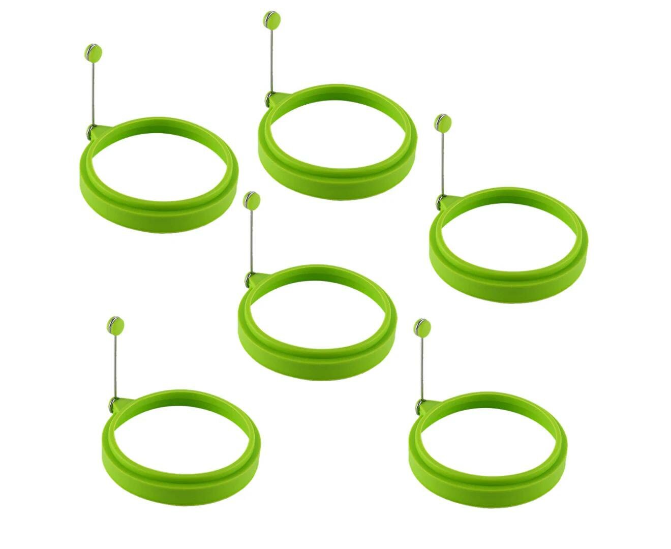 6 штуки силиконовые формы для яиц и пирожков с антипригарным покрытием, круглые кольца для приготовления с поворотным ручком, красный, зеленый, диаметр 10.5см, высота 2см, длина ручки 6.5см, силикон + нержавеющая сталь