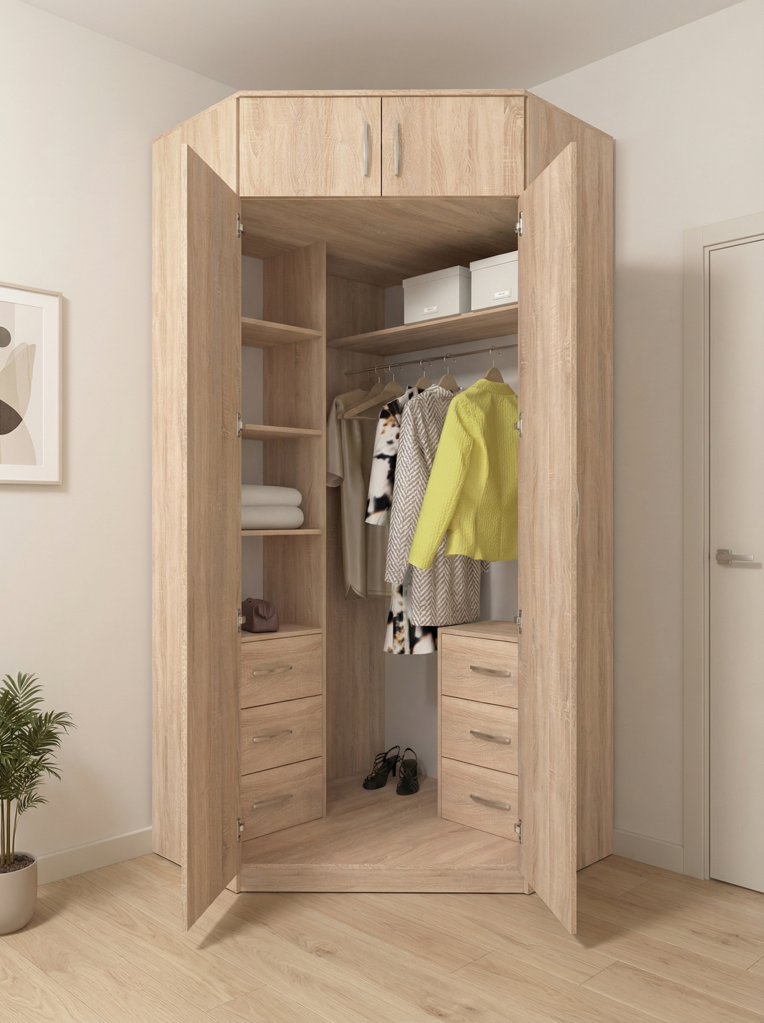 Шкаф угловой распашной Анри-14 с антресолью, 6 ящиками, 5 полками и штангой для вешалок, дуб сонома