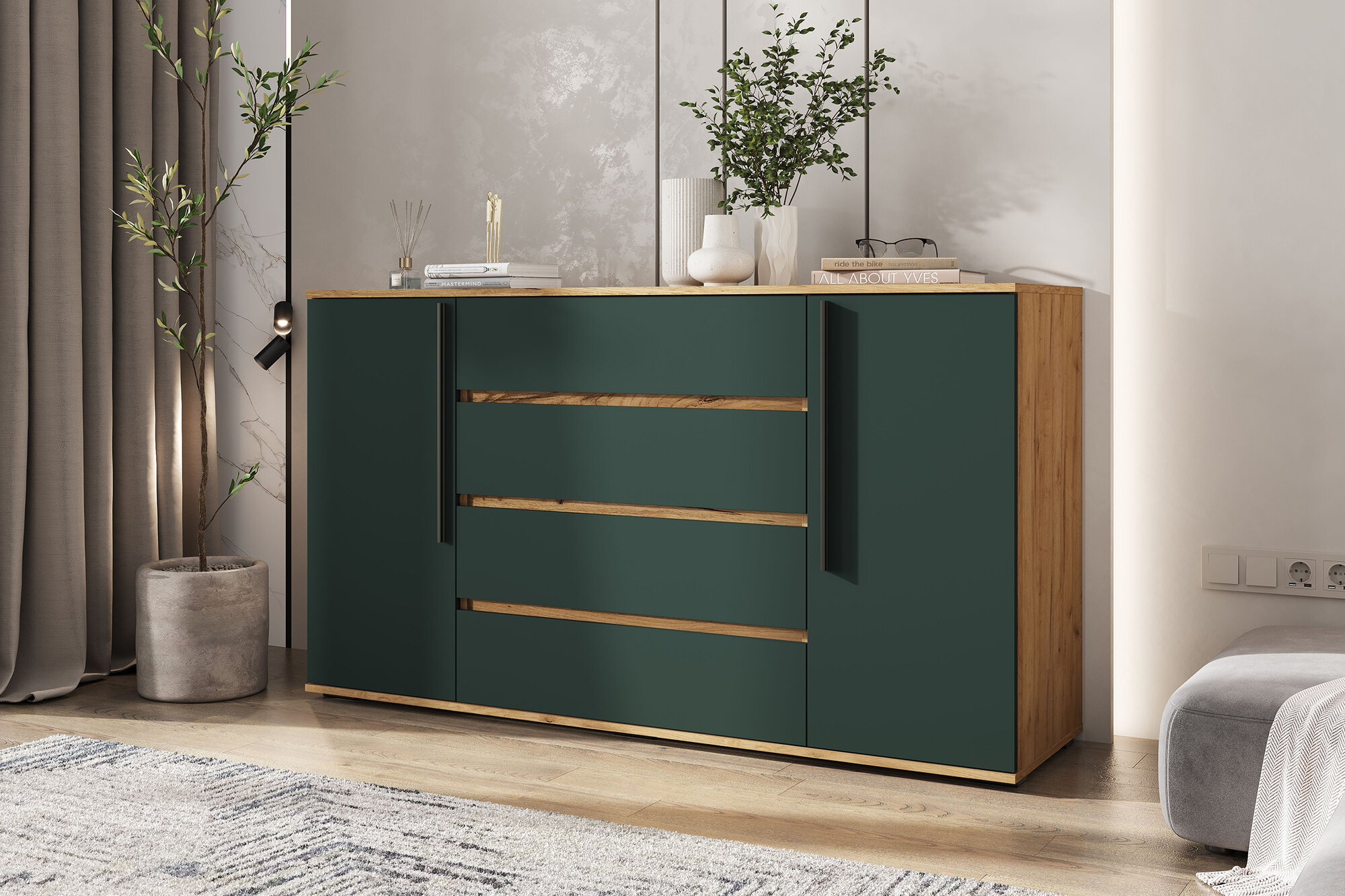 Комод с полками двухдверный 4 ящика 2 полки Норд, 160х90х45 см, Изумрудный/дуб крафт