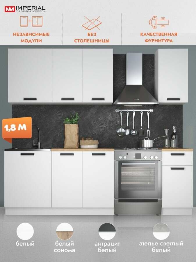 Кухонный гарнитур 1,8 модульный, кухня без столешницы белый Ника Нео