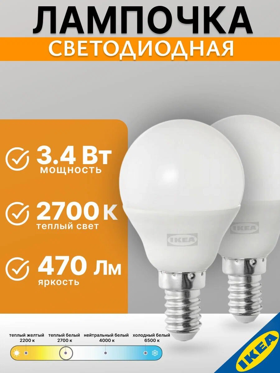 Лампа светодиодная 2 шт 3.4 Вт E14 470 Лм 2700 К, шарообразный молочный IKEA SOLHETTA солхетта