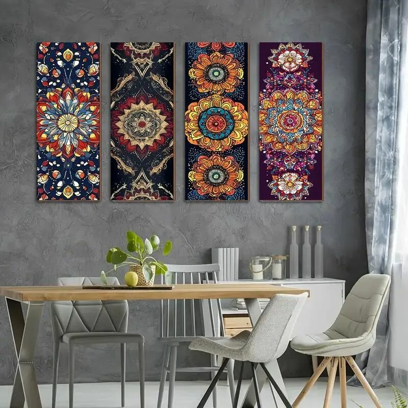 Набор 4 плоских деревянных декоров "Мандала-цветок" в стиле бохо (с двусторонним скотчем, 25 10 см) (Современный ретро-декор для дома и офиса - идеальный подарок ценителям искусства)