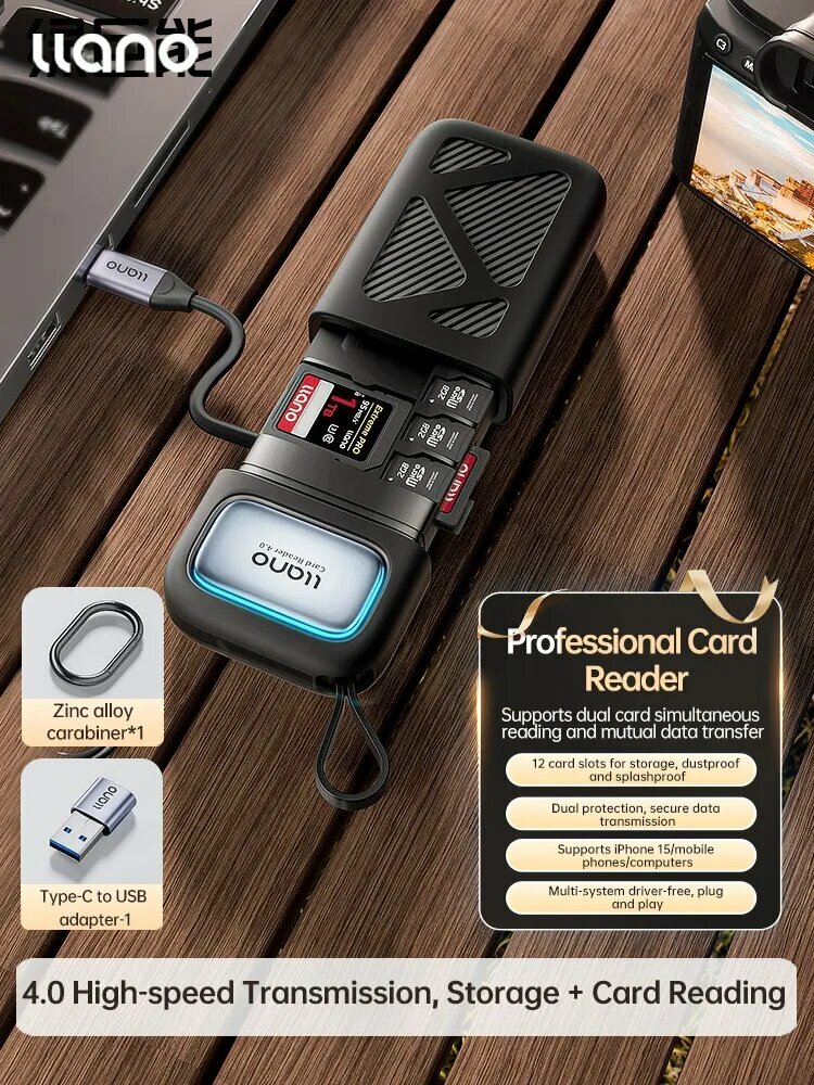 Llano Картридер Type-C/USB 4.0 с 12 слотами для SD/TF карт, защита от ударов и воды, скорость 312 МБ/с