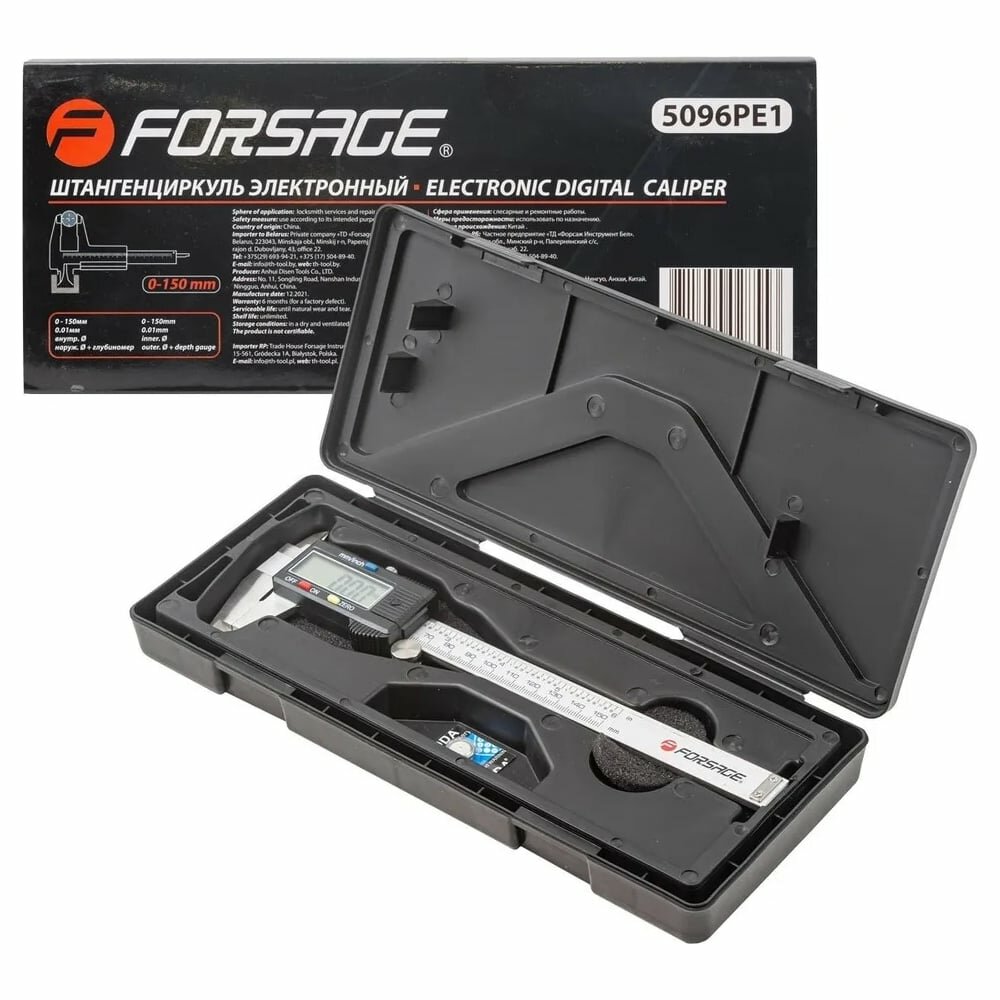 Электронный штангенциркуль Forsage 0-150 мм, 0,01 мм; внутр, Ø, наруж, Ø + глубиномер, в пластиковом футляре F-5096PE1(18060)