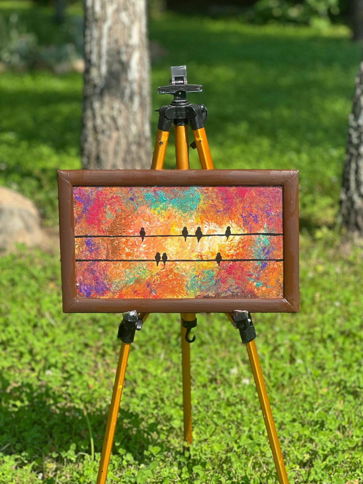 Картина авторская ручной работы Птички на проводе