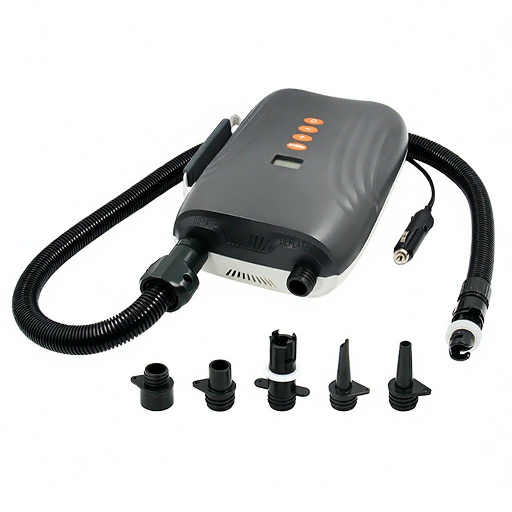 Электрический насос высокого давления для транспортных средств 12V, насос для доски с веслами, надувной палатка, 0.5-20PSI, 110W, 350(A)L/MIN 70(B)L/MIN, ≤85DB, 2.6 м, 0.675 м, 1.55 кг, 25.1*17.5*9.4 см, ABS, DC12V, 1 шт, 6 насадок, 1 волновая трубка, 1