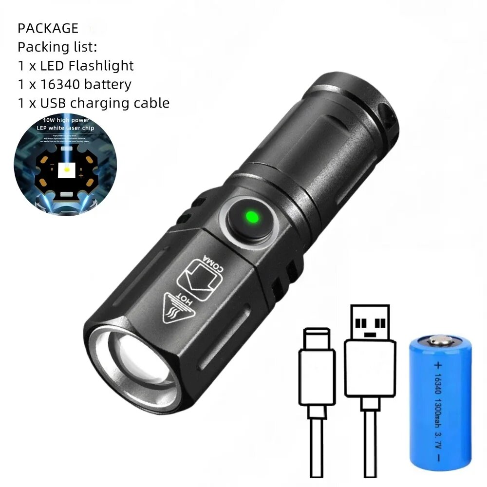 Мини фонарь LED 16340, USB, черный, 3 режима