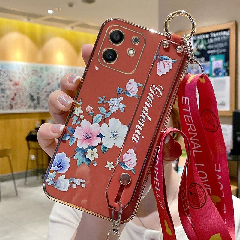 Силиконовый чехол для Honor Play6tPro с ремешком и закаленным стеклом, цветочный принт, цвет камелия красный