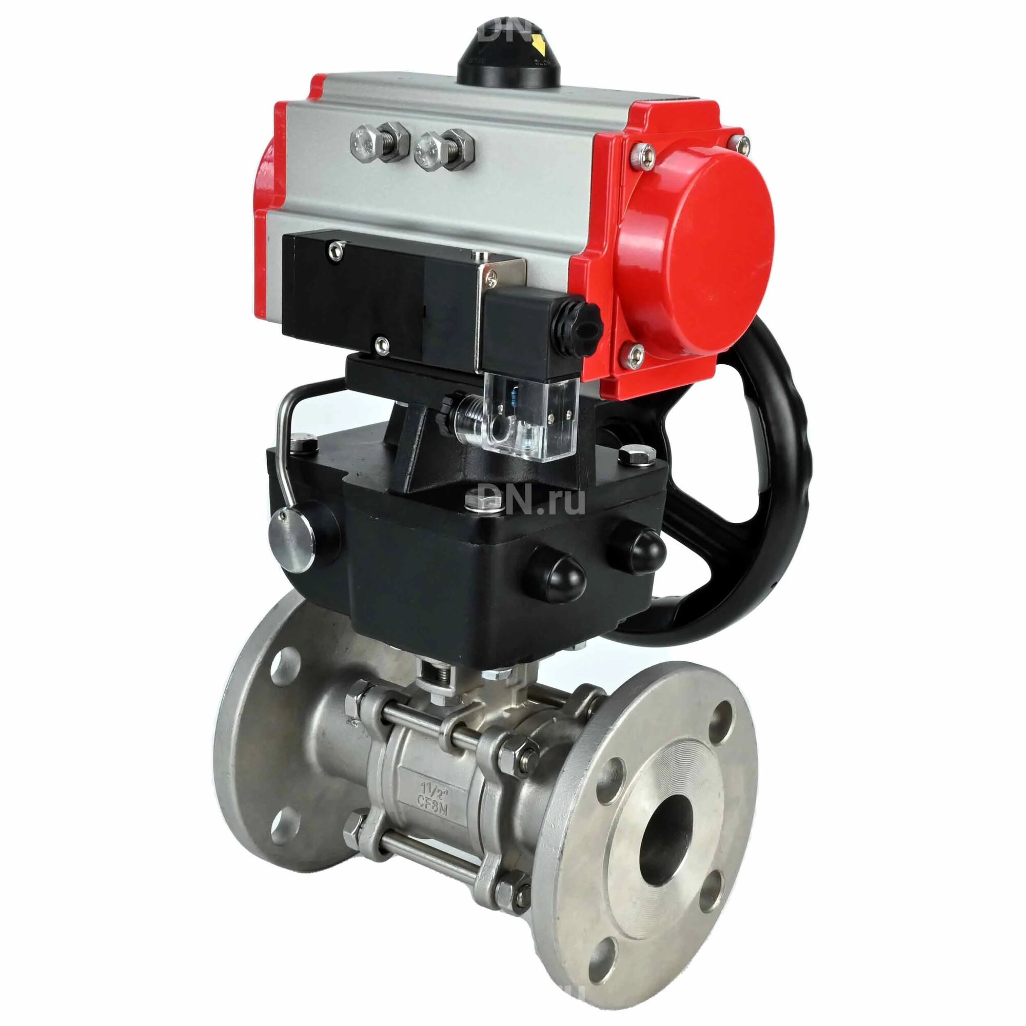 Кран шаровой DN.ru кшфпт.304.180 Ду50 Ру40, трехсоставной полнопроходной фланцевый, нержавеющая сталь SS304, уплотнение - PTFE, с пневмоприводом DA-083 двойного действия, с пневмораспределителем PND2-S1EM-52-1NC-J08-220VAC, с ручным дублером HDM-2