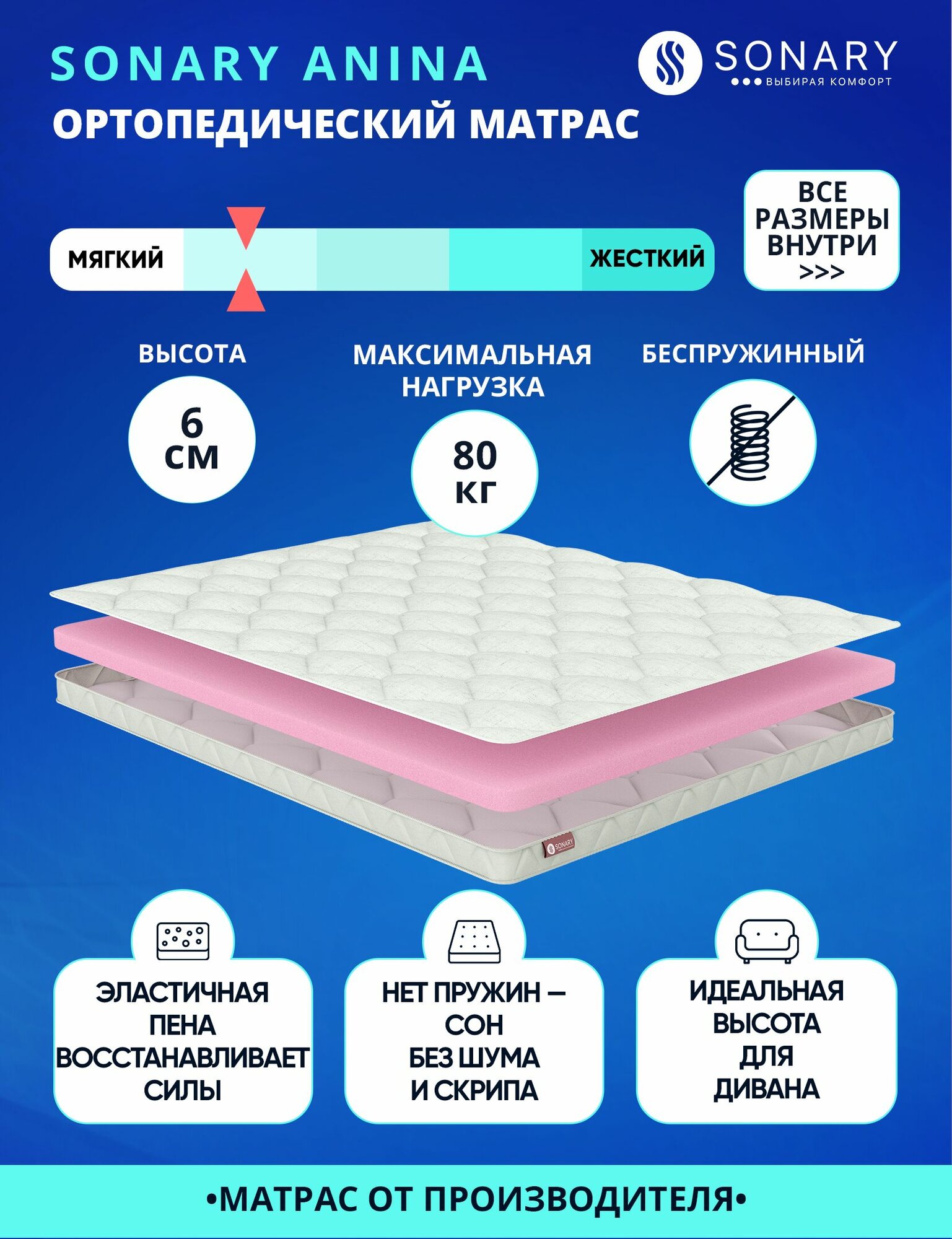 Матрас Sonary Anina 165х190 серии Foam высота 6 см анатомический средней жесткости Беспружинный