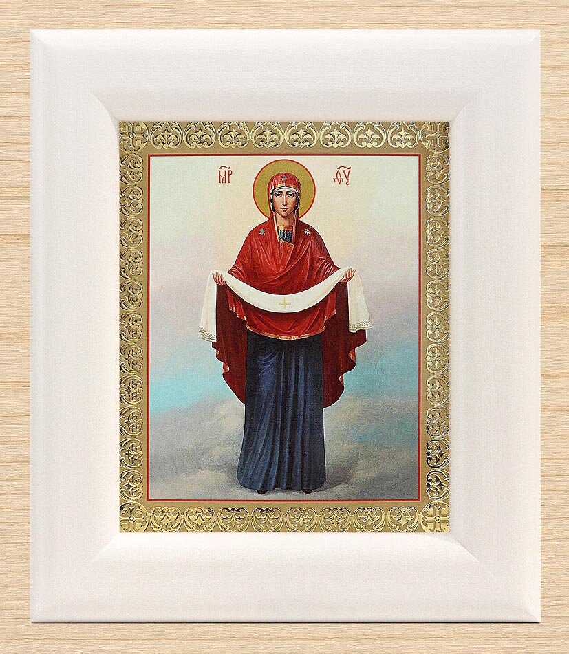 Покров Пресвятой Богородицы (лик № 075), икона в широкой белой деревянной рамке 14,5*16,5 см