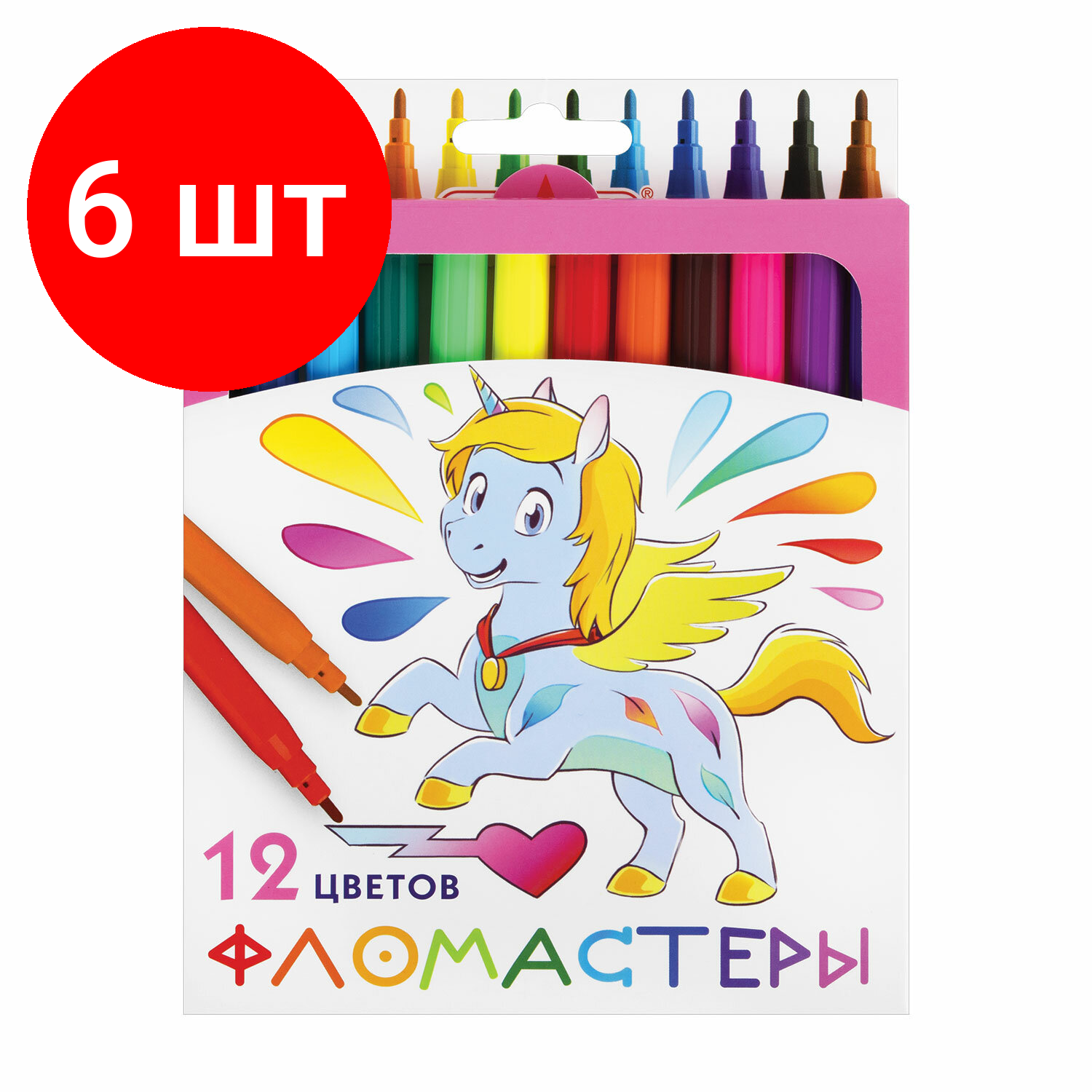 Комплект 6 шт, Фломастеры пифагор "единорог", 12 цветов, вентилируемый колпачок, 152448