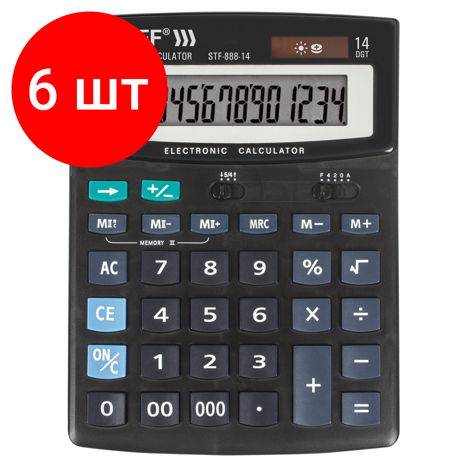 Комплект 6 шт, Калькулятор настольный STAFF STF-888-14 (200х150 мм), 14 разрядов, двойное питание, 250182