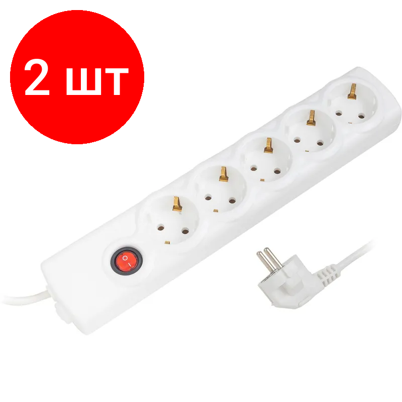 Комплект 2 штук, Сетевой фильтр BigTech BT510-1.5-W(5р/1.5м/10А/2.2кВт/3х0.75 мм2/белый)