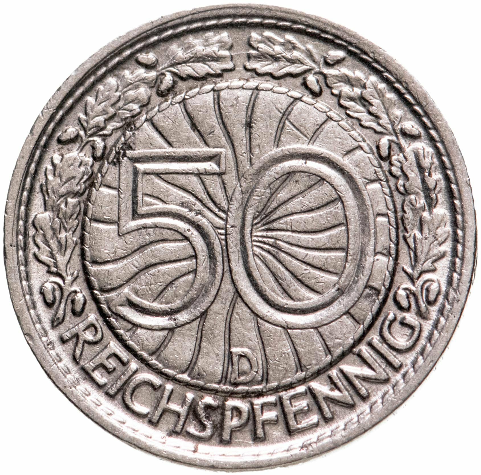 Германия 50 рейхспфеннигов reichspfennig "D" 1928, Никель, в сохранности XF