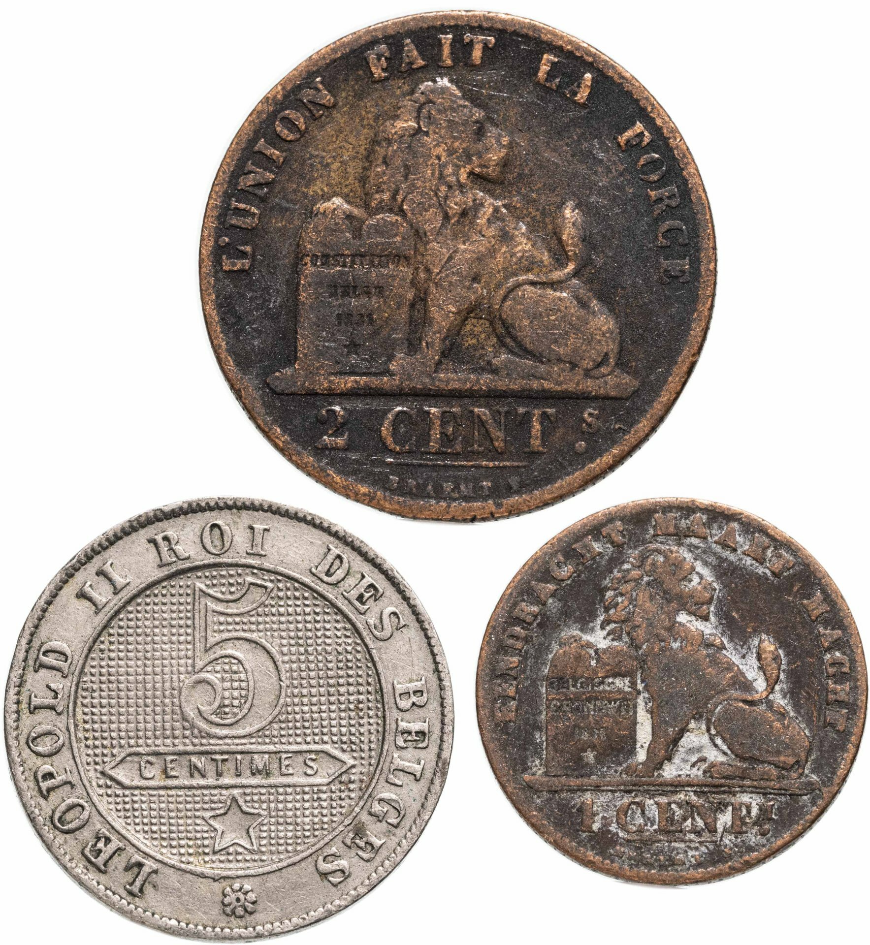 Бельгия набор монет 1870-1895 3 шт Леопольд второй, Медь, Мельхиор, в сохранности VF-XF