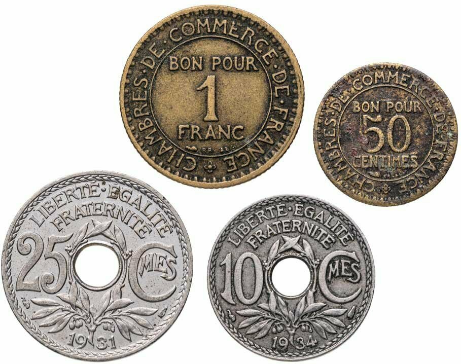 Франция набор монет 1917-1937 4 штуки, Мельхиор, Алюминиевая бронза, в сохранности VF-XF