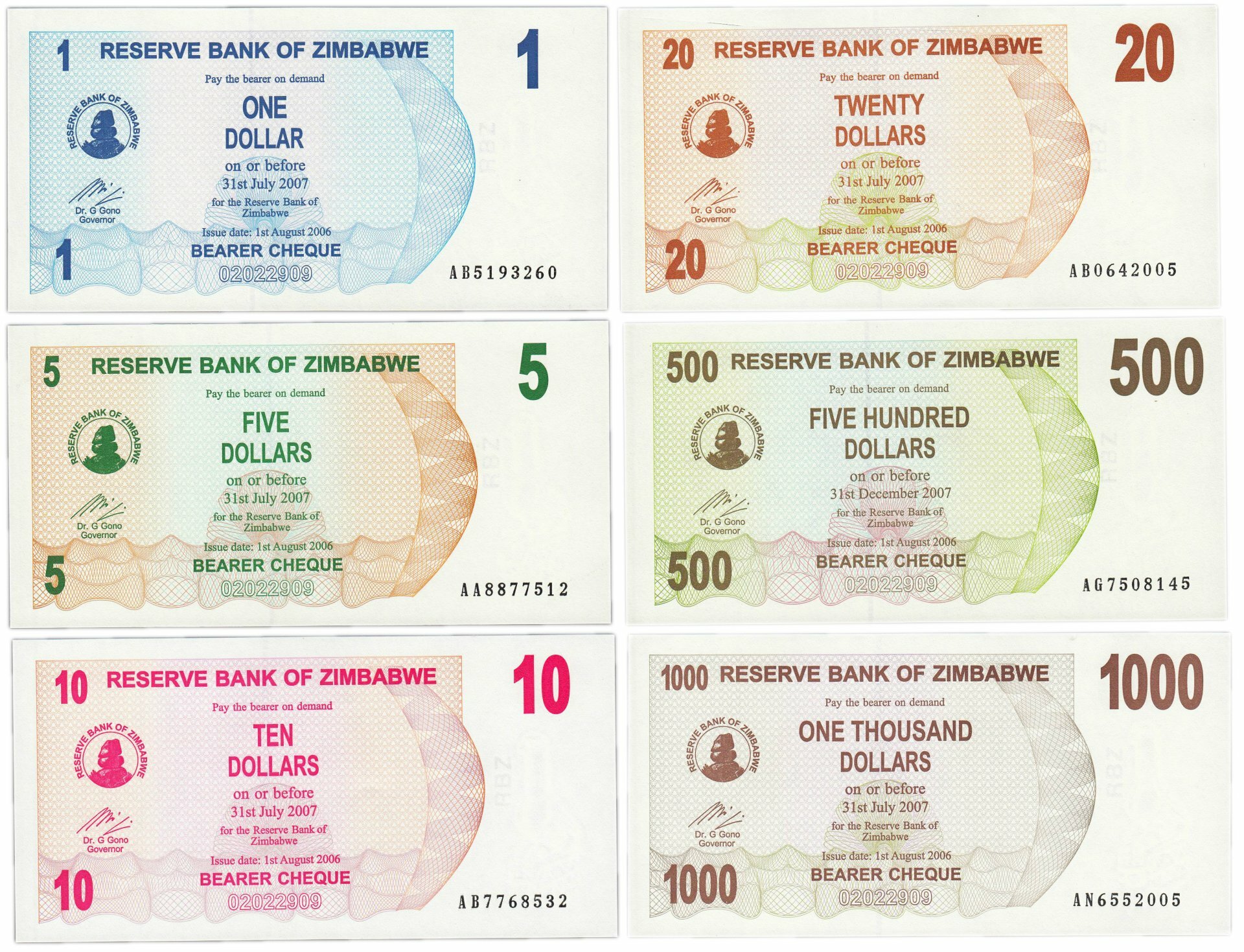Зимбабве набор из 6 банкнот 1, 5, 10, 20, 500, 1000 долларов 2006-2007 пресс