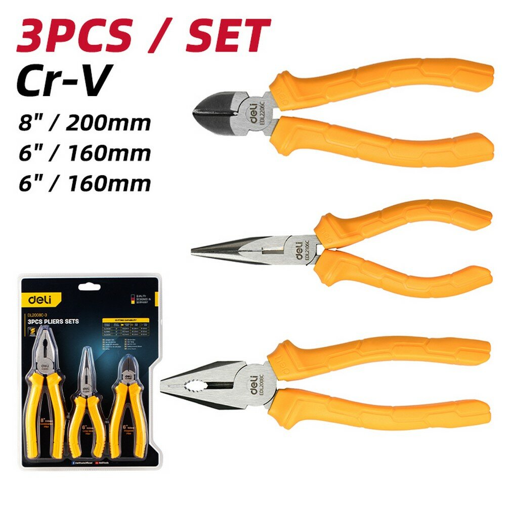 Шарнирно-губцевый инструмент Deli Набор плоскогубцев Deli DL2008C-3 || (комбинированные плоскогубцы 200мм, удлиненные плоскогубцы 160мм, диагональные бокорезы 160мм, однокомпонентная ручка) уц-2-1