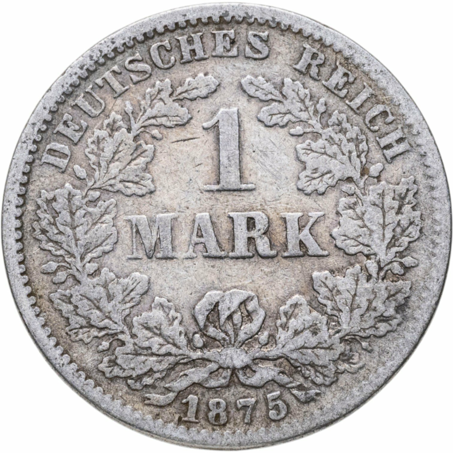 Германия 1 марка 1875 Знак монетного двора: "G" - Карлсруэ, Серебро 900, в сохранности VF-XF