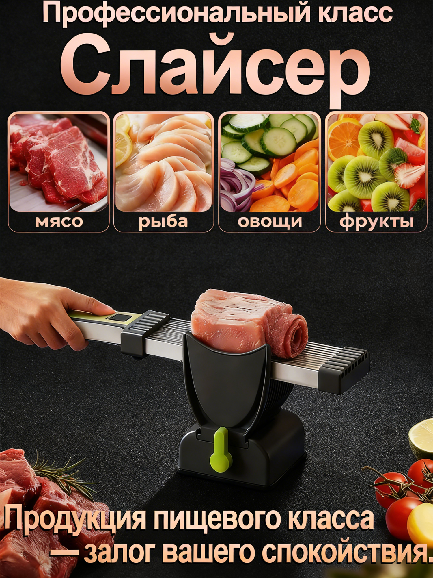 Слайсер, используемый для нарезки мяса на ломтики, которые можно нарезать ломтиками, полосками и частицами