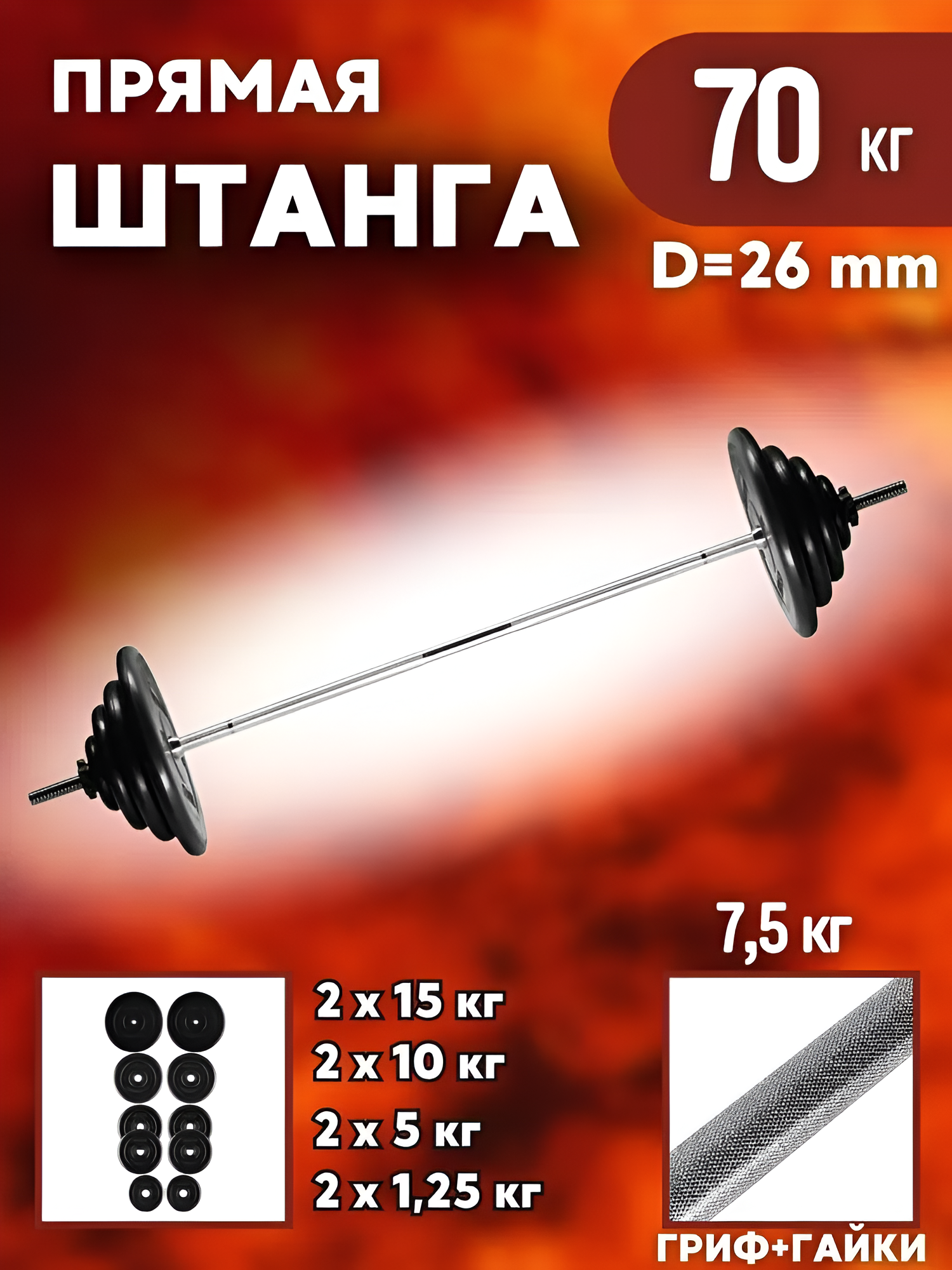 Штанга прямая MB Barbell - 70 кг, D-26mm, стальной гриф + обрезиненные диски.