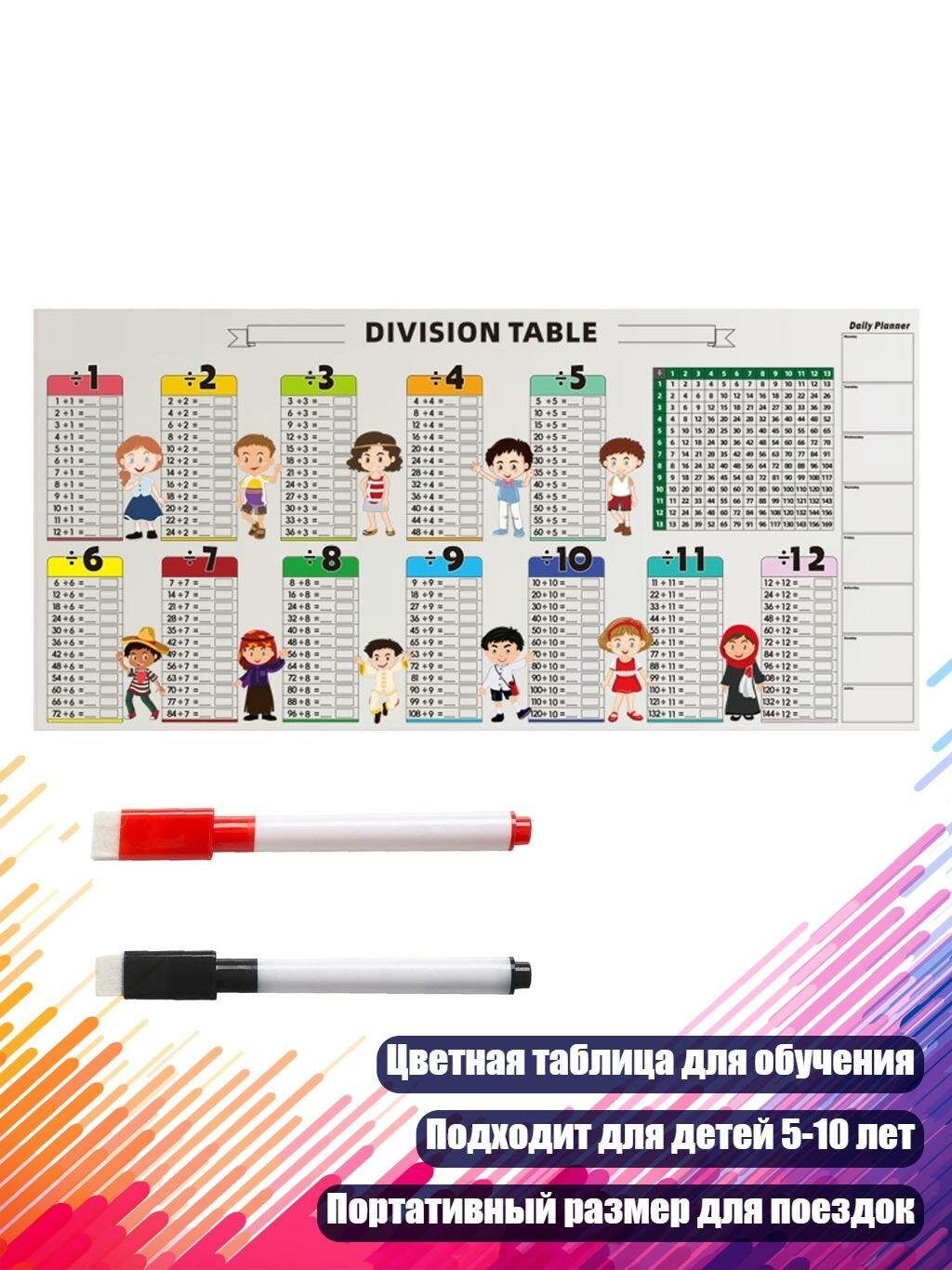 Таблица сложения 85x40 см, PVC, с маркером, Таблица деления