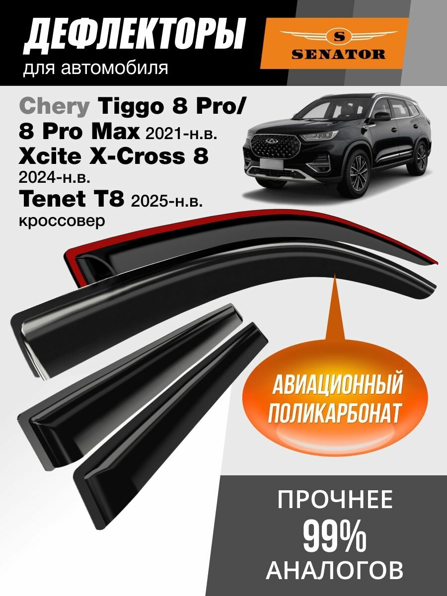 Дефлекторы окон Senator для Chery Tiggo 8 Pro/8 Pro Max/Xcite X-cross 8/Tenet T8 (ветровики Чери Тигго 8 Про Макс, Хсайт Х-Кросс 8, Тенет Т8) 2021-н. в. кроссовер, накладные, 4 шт