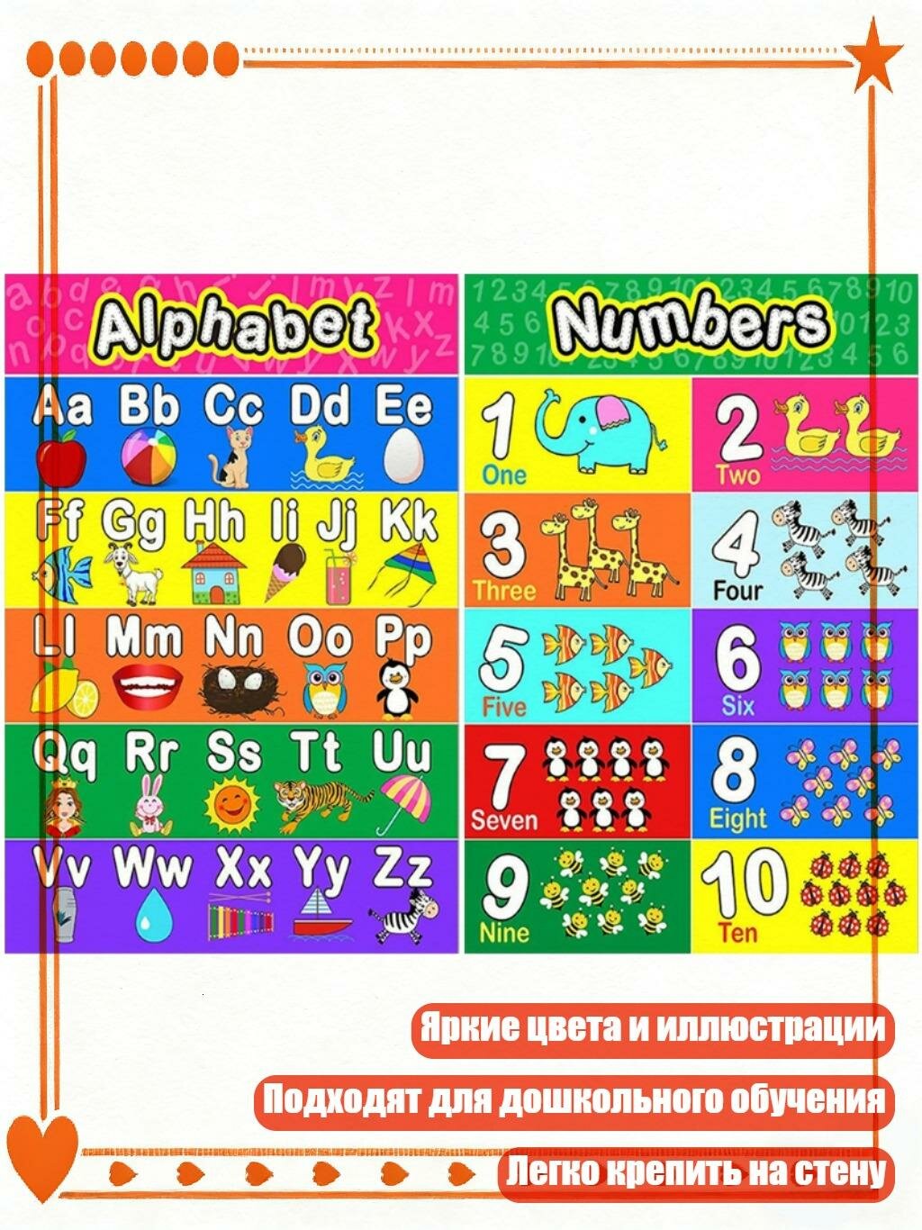 Набор из 2 обучающих плакатов для детей: алфавит и цифры, ламинированные