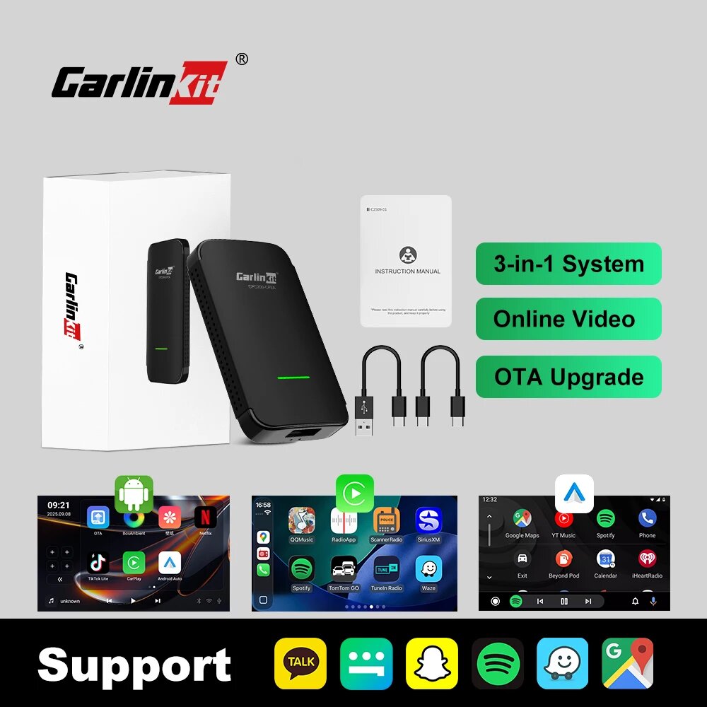 2026 CarlinKit CP2A Pro Android 12 Беспроводной адаптер для Android Auto и CarPlay с поддержкой проводного CarPlay, Netflix, YouTube, TikTok, Wi-Fi, Bluetooth
