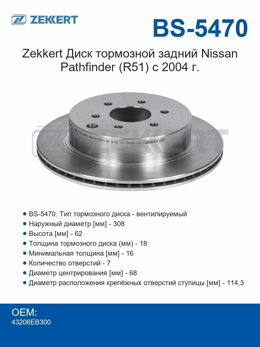 Zekkert Диск тормозной задний Nissan Pathfinder (R51) с 2004 г.