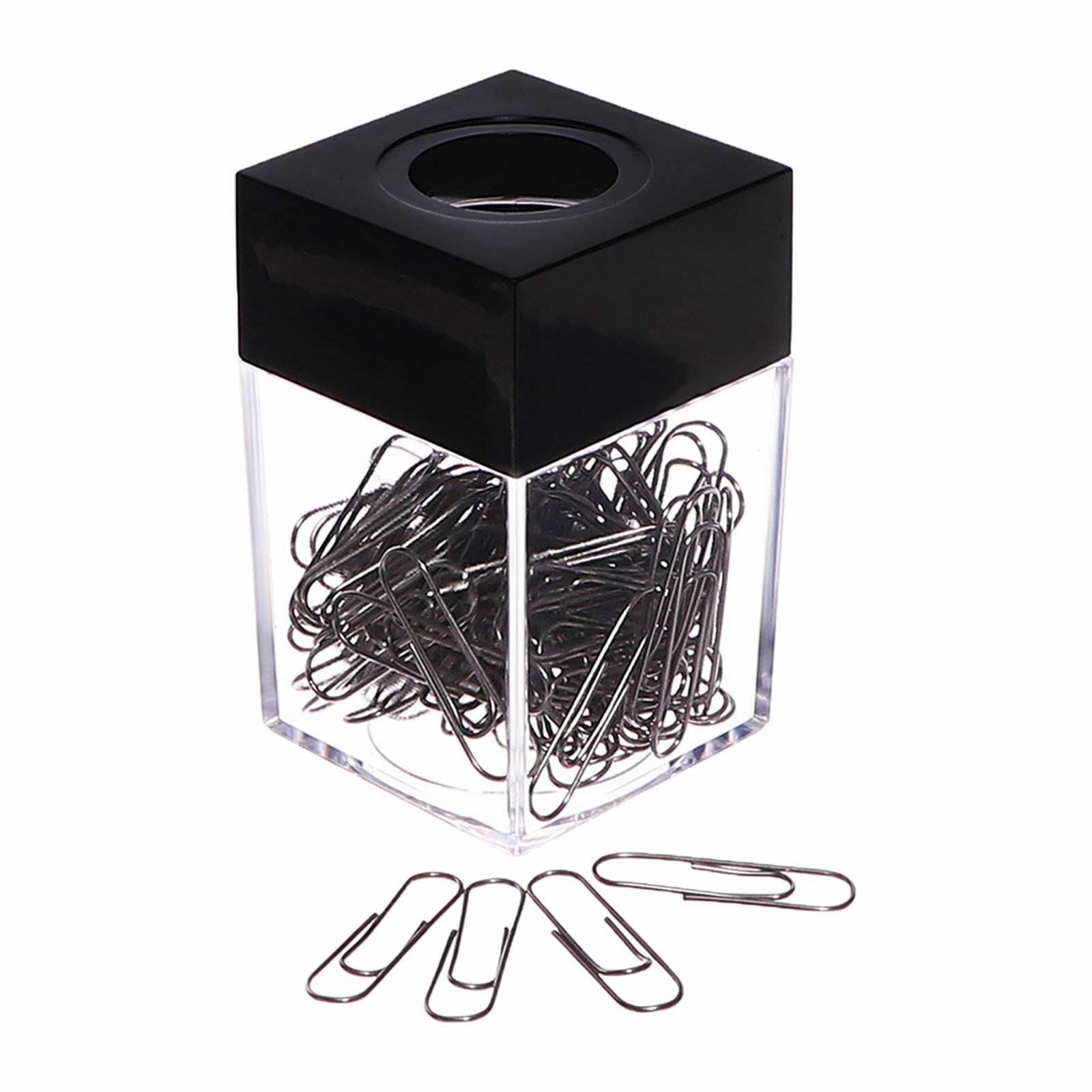 Скрепочница квадратная с магнитом прозрачная пластик, скрепки 28 мм-100 штук