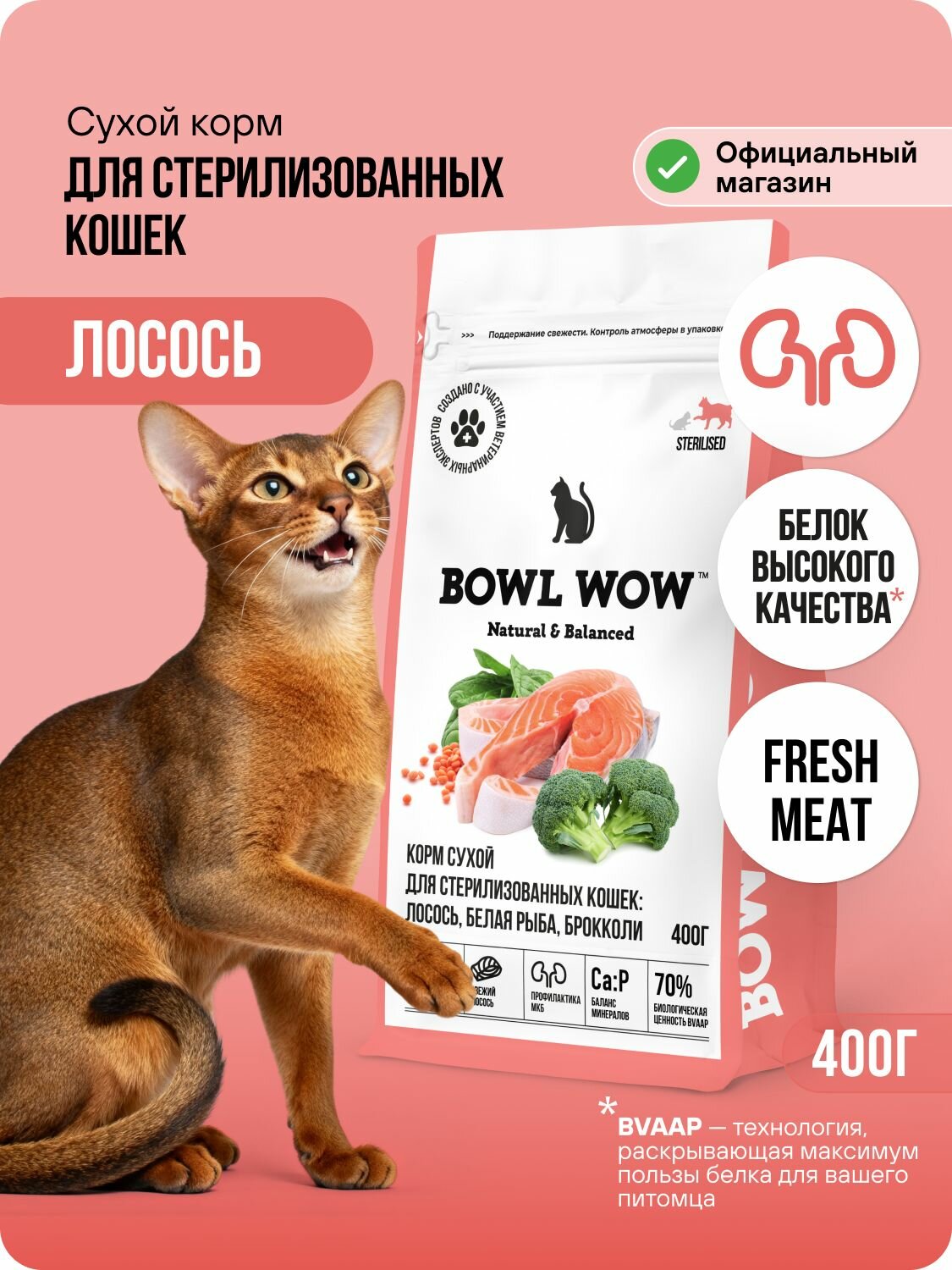 Корм для кошек сухой BOWL WOW холистик с лососем, броколли и белой рыбой / Корм для кошек сухой стерилизованных, 400г