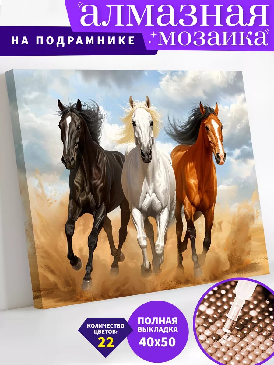 Тройка лошадей Алмазная мозаика на подрамнике 40х50
