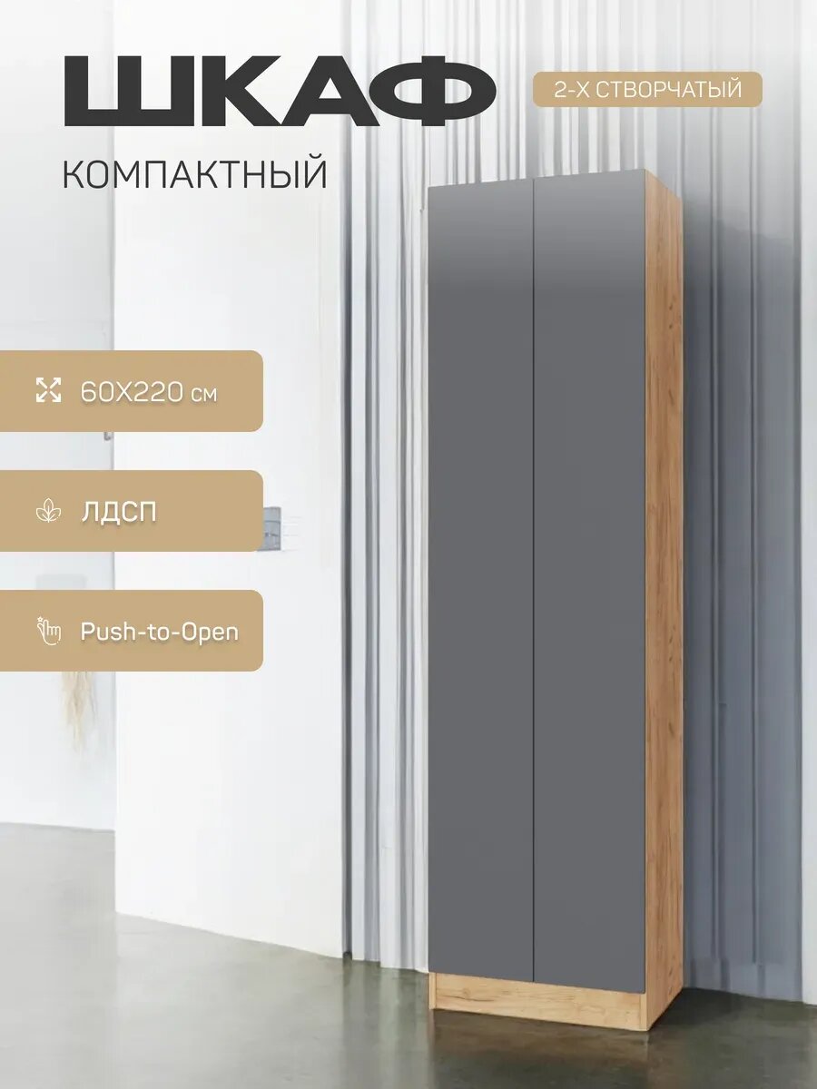 Шкаф распашной в прихожую, двустворчатый платяной, 220х60х40 см, Графит/Дуб Крафт Золотой, Руэлла