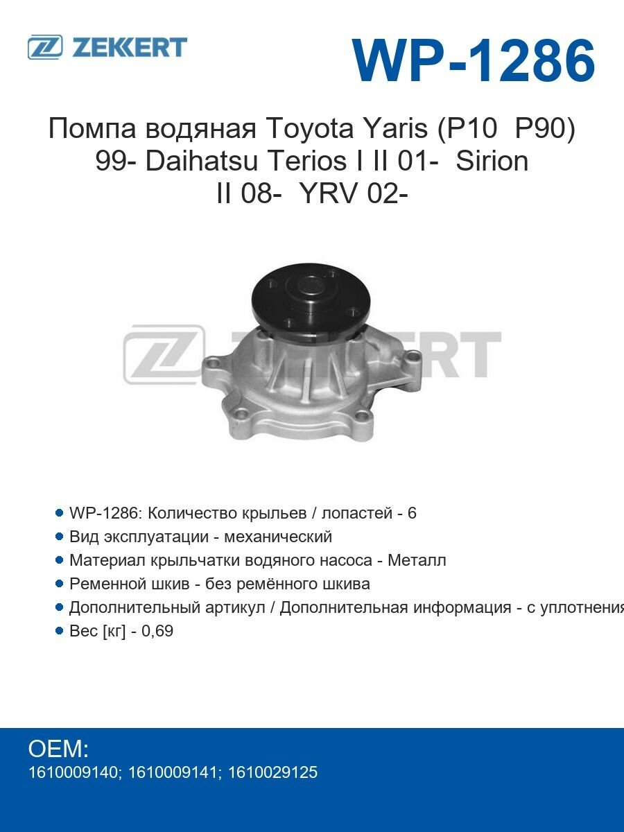 Zekkert Помпа водяная Toyota Yaris (P10 P90) с 1999 г. Daihatsu Terios I II с 2001 г. Sirion II с 2008 г. YRV с 2002 г.