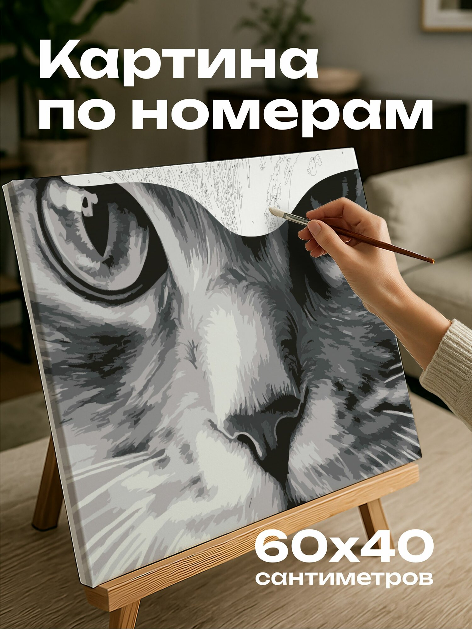 Картина по номерам 60x40 см, Кот, мейн-кун, уголь, шерсть, глаза, растушевка, текстура, реализм, детальность