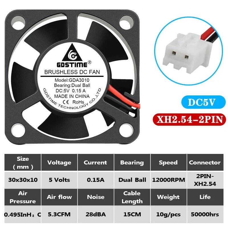 Вентилятор Gdstime 30x30x10 мм, 5V, Dual Ball, 2p2.54