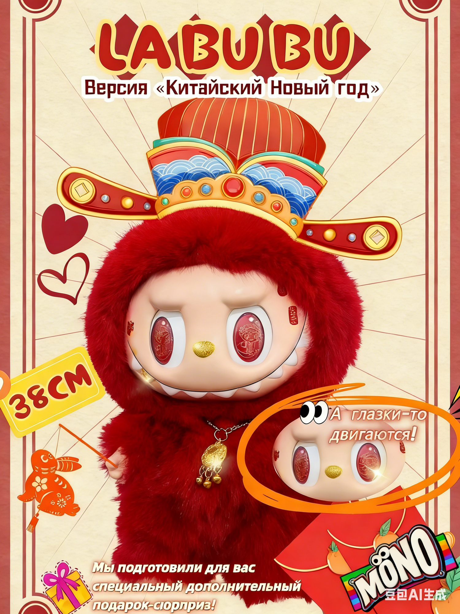 Ограниченный выпуск Лабубу на Китайский Новый год, 38 см, красный.
