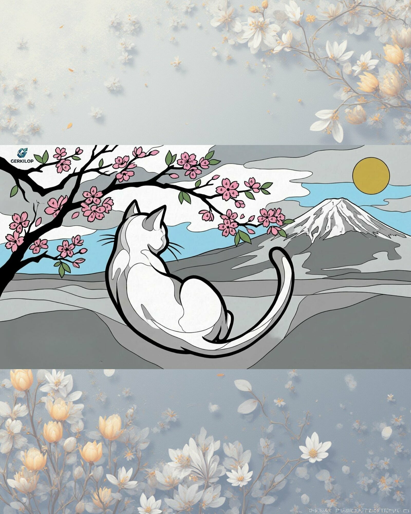 Цифровая раскраска "Японская Кошка и гора", многоразовая, для карандашей, фломастеров, гуаши и акварели