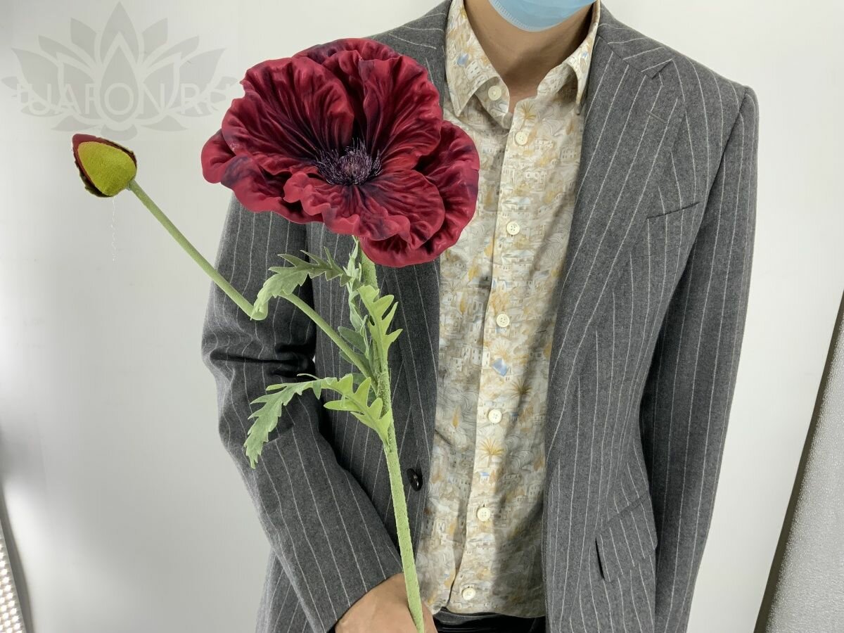 Искусственные цветы для декора мак бордовый крупный из латекса голова 17 см премиум серия 75 см