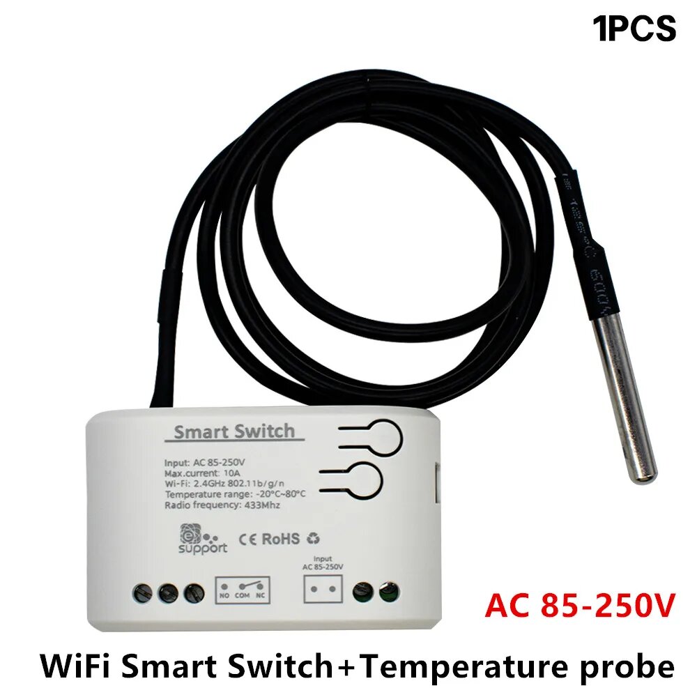 WiFi Smart Switch + Temperature Probe, AC 85-250V