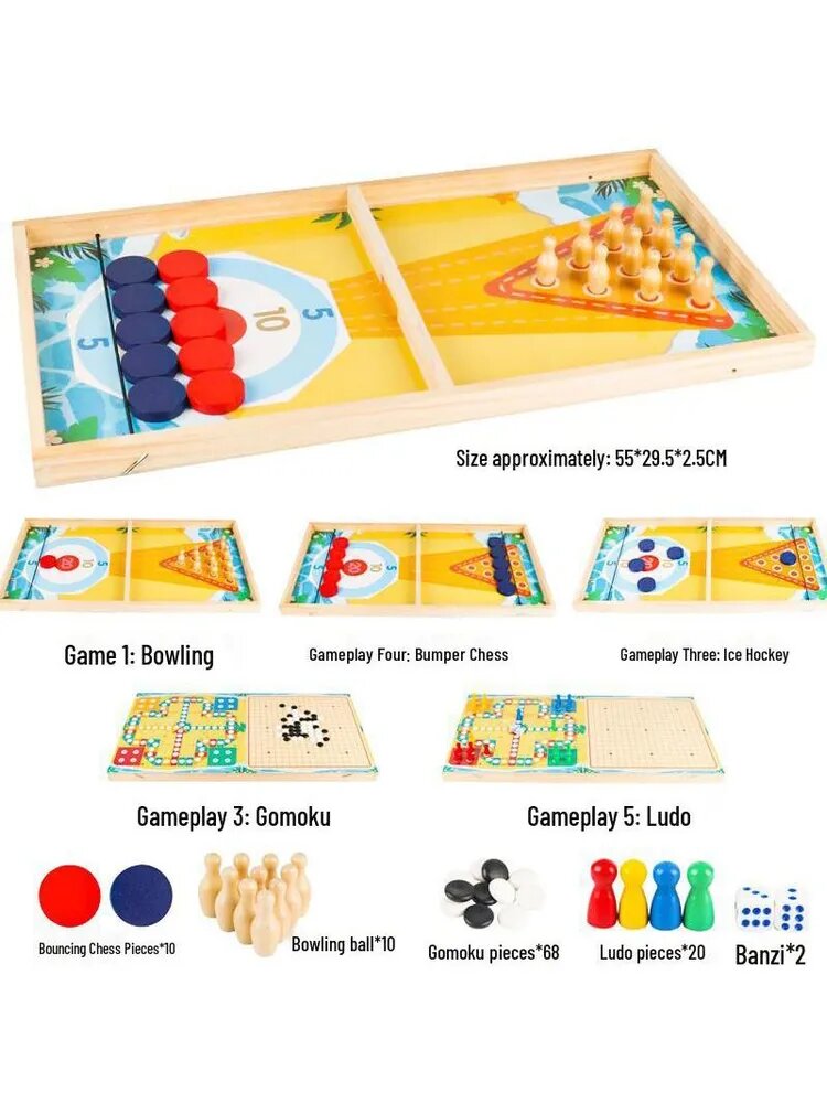 Настольная игра 5 в 1 Дабл Слинг: боулинг, хоккей, подвижные шахматы, лудо и гомоку для всей семьи