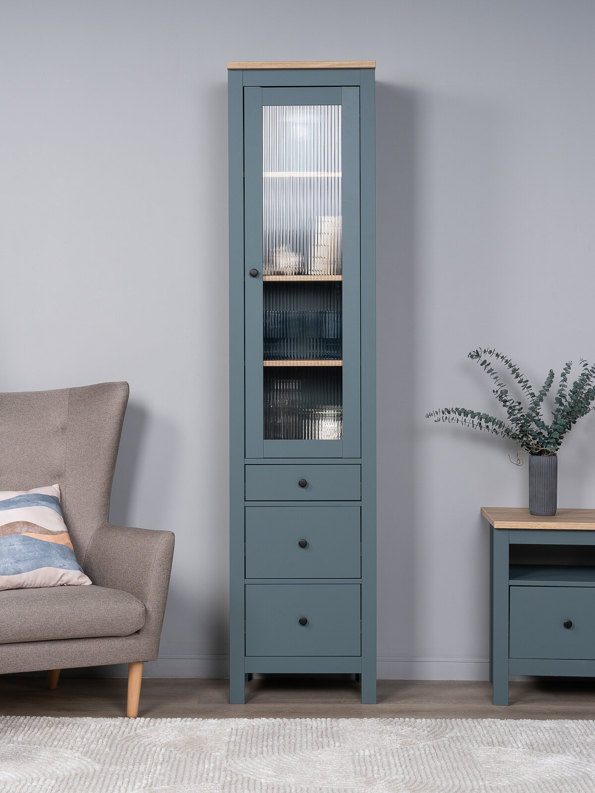 Шкаф витрина с рифленым стеклом Гуд Лакк Сага, 50х41х215 см, темно-бирюзовый/ясень