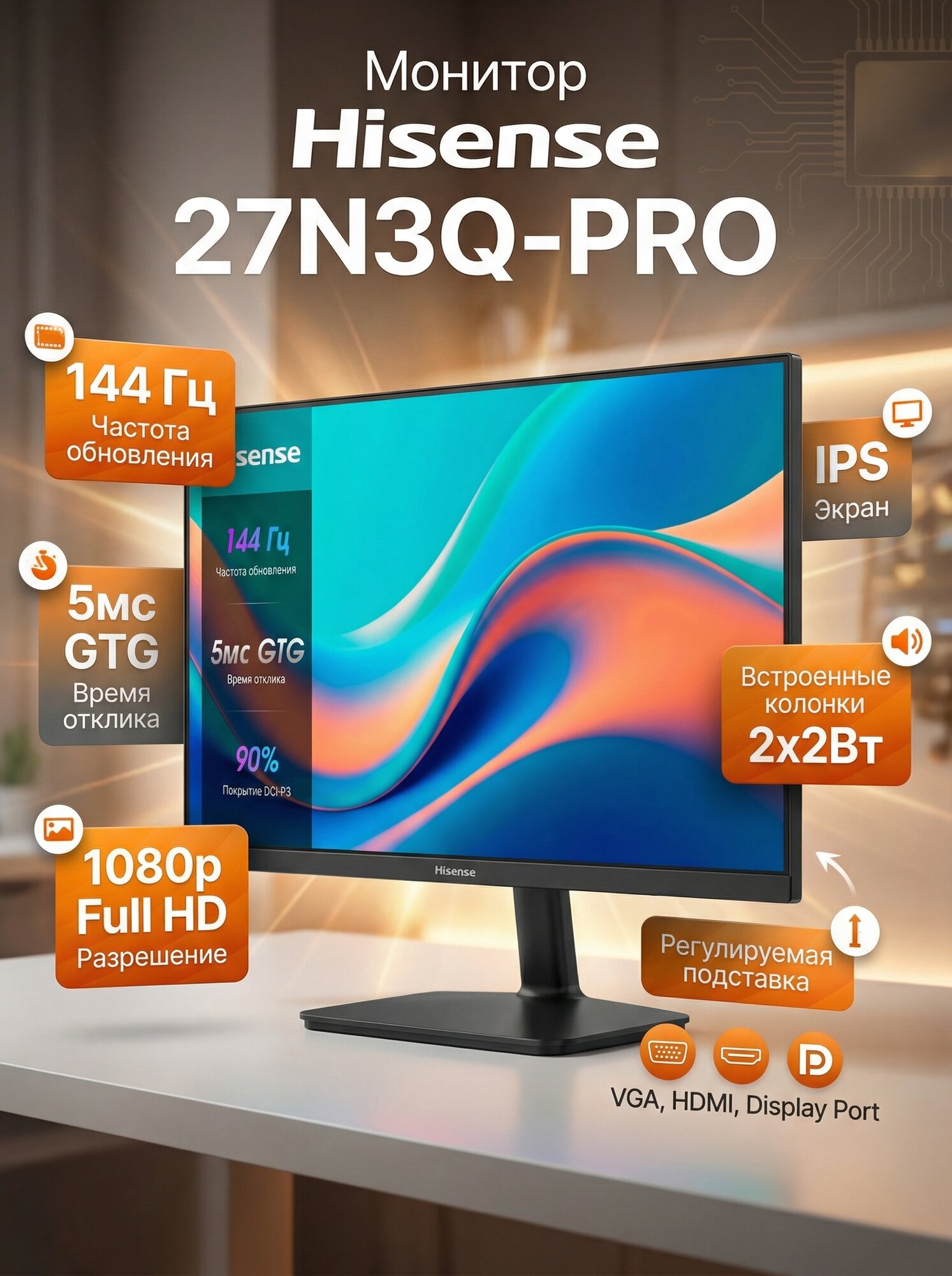 Монитор Hisense, 27", 1920x1080, IPS, 144 Гц, матовый, со встроенными колонками