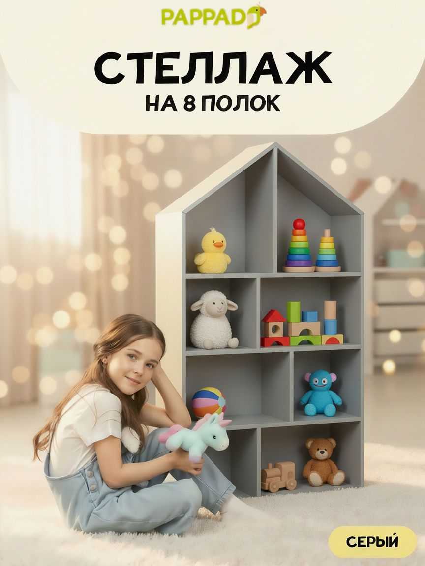 Стеллаж для игрушек "домик" для детской и гостиной от "Pappado", цвет серый