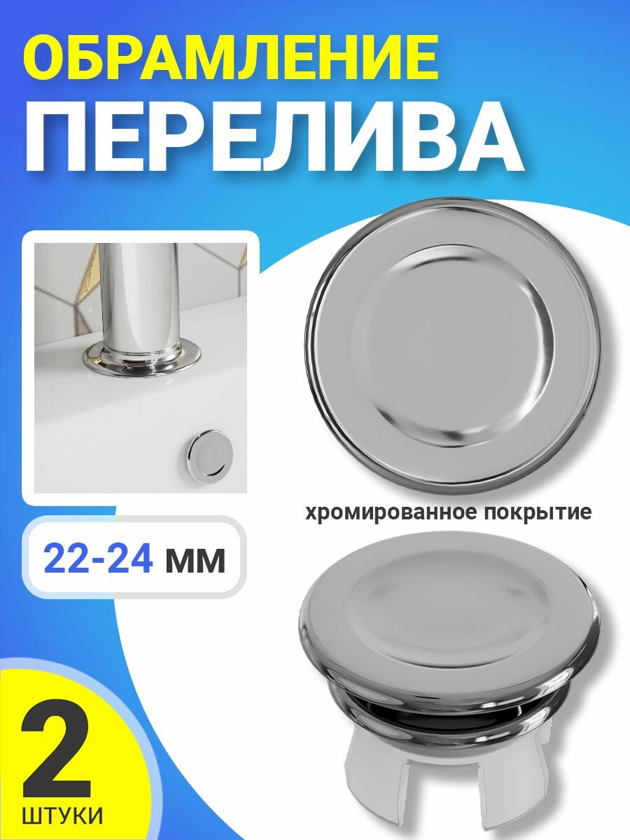 Обрамление перелива для раковины, заглушка для перелива ударопрочная хромированная 22-24мм, 2шт (Серебристый)